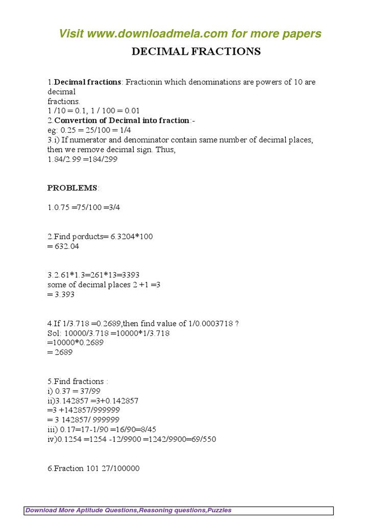 Decimal Fractions Concept With Problems | PDF | Fraction (Mathematics ...