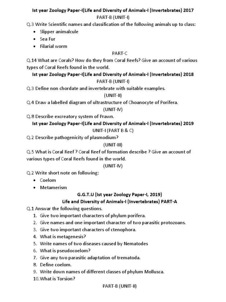 1st Year Zoology Paper-I PDF | PDF | Invertebrate | Parasitism