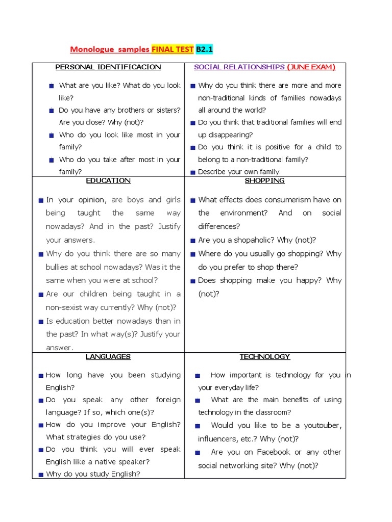 MONOLOGUE Samples B2 FINAL EXAM | PDF | Psychological Concepts | Wellness
