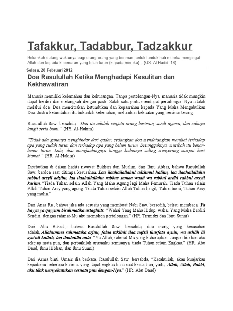 Tafakkur, Tadabbur, Tadzakkur: Doa Rasulullah Ketika Menghadapi ...