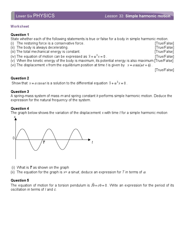 Simple Harmonic Motion Worksheet | PDF | Quantity | Physics