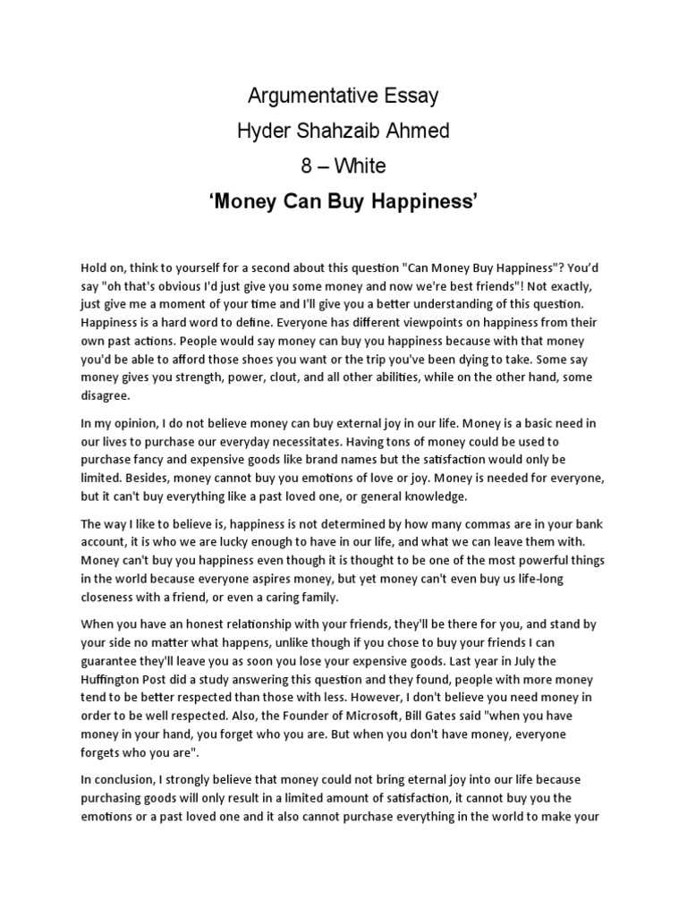 Argumentative Essay 'Money Can Buy Happiness' | PDF | Contentment ...
