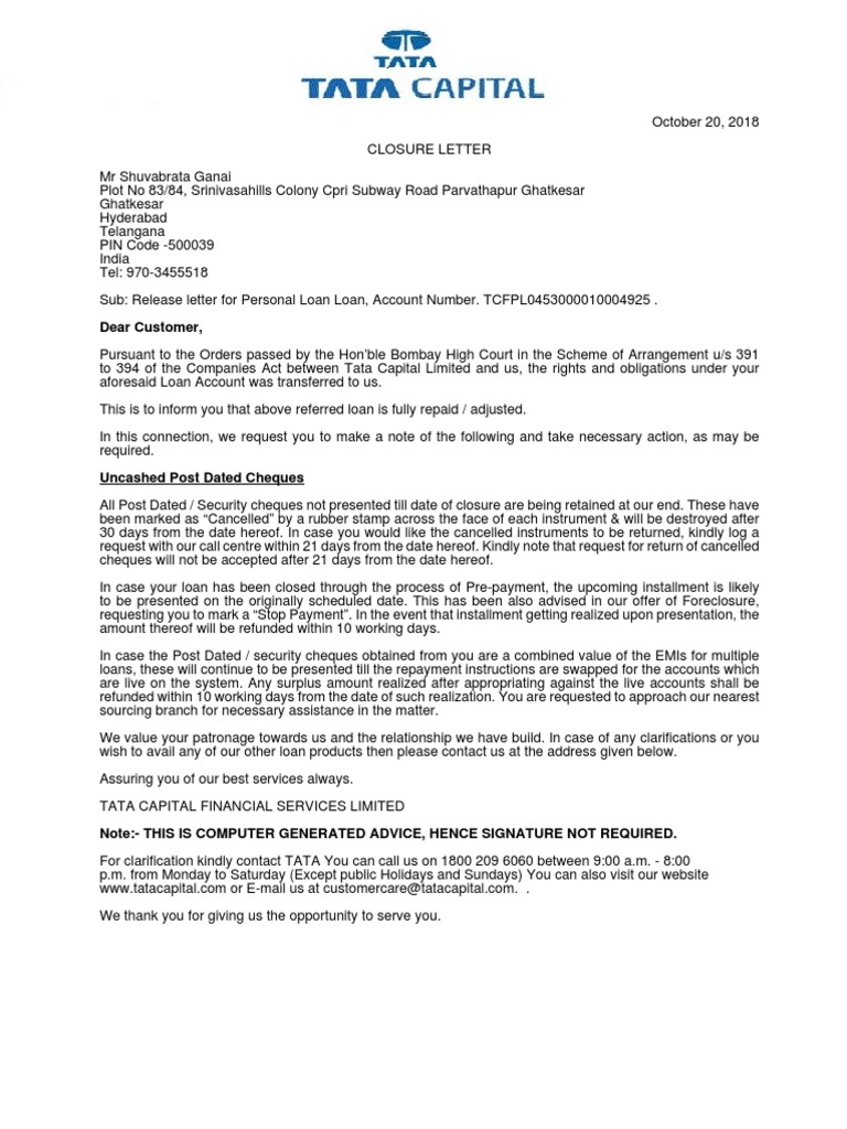 NOC - TATA Capital PDF | PDF | Cheque | Loans
