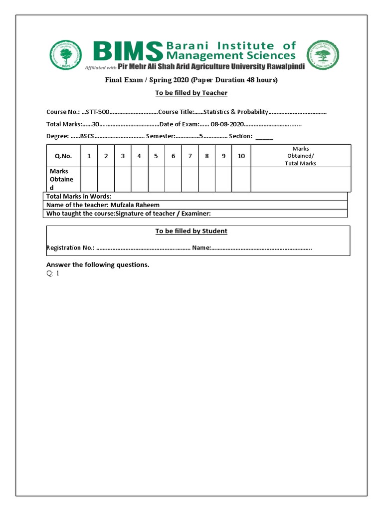 Final Term Exam Template STT500 BSCS 5A B | PDF | Career & Growth | Art
