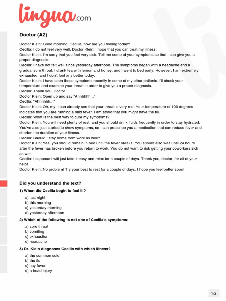 Doctor (A2) : Did You Understand The Text? | PDF | Fever | Clinical ...