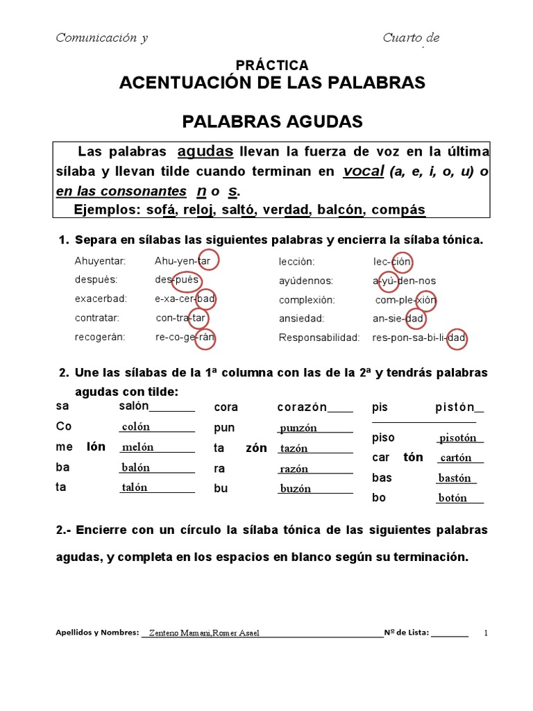 Acentuación de palabras agudas: Identificación de sílabas tónicas y uso ...
