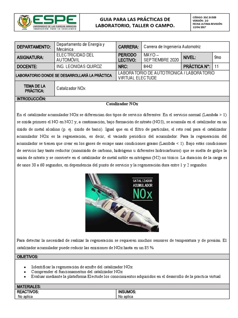 Guía para Prácticas de Laboratorio Autotronica Catalizador NOx Electude | PDF | Sustancias ...
