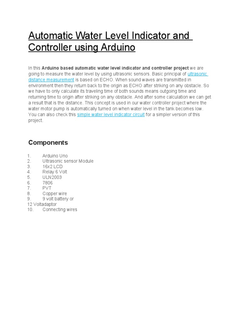 Automatic Water Level Indicator and Controller Using Arduino | PDF ...