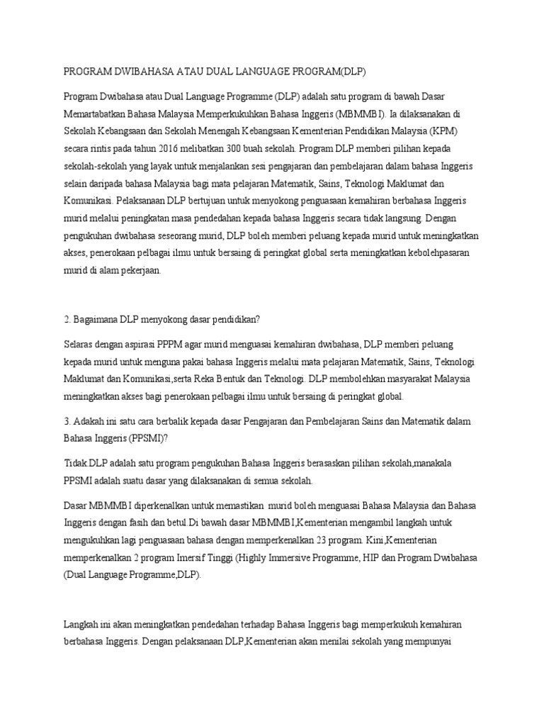 Program Dwibahasa Atau Dual Language Program | PDF