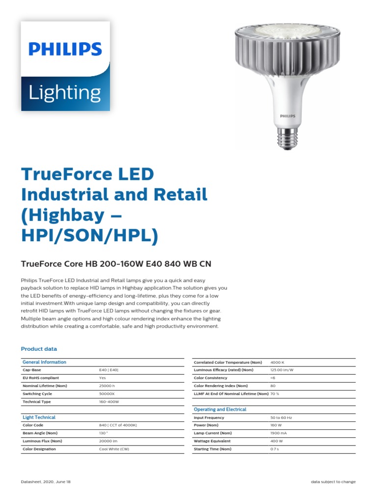 Philips TrueForce Core HB 200 160W E40 840 WB CN | PDF | Lighting ...