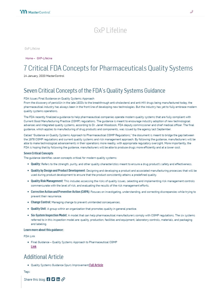 7 Critical FDA Concepts For Pharmaceuticals Quality Systems PDF | PDF ...