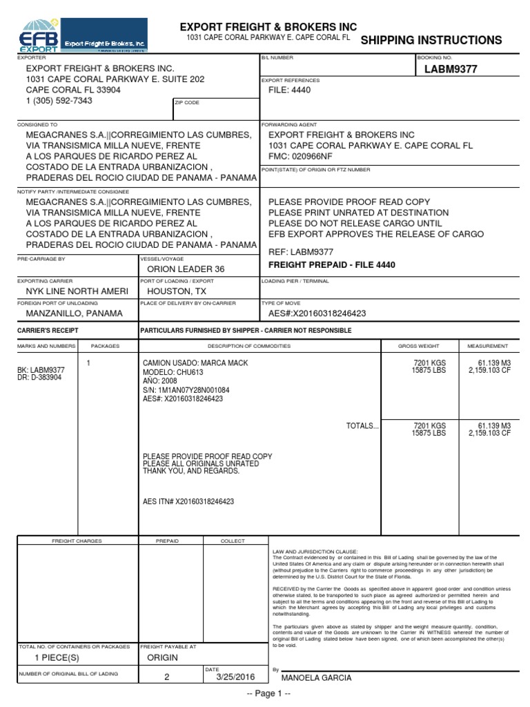 Export Freight & Brokers Inc: Shipping Instructions | PDF | Cargo | Trade