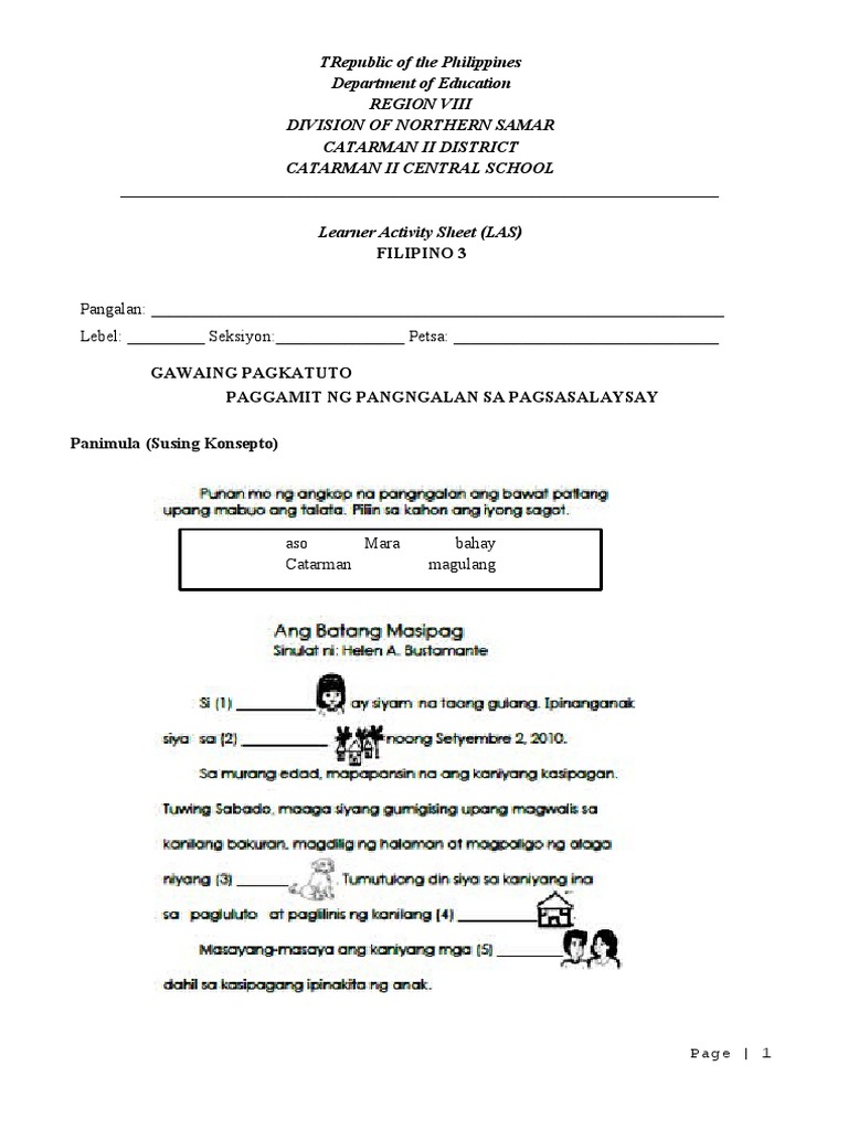 Learner Activity Sheet (LAS) - FILIPINO | PDF