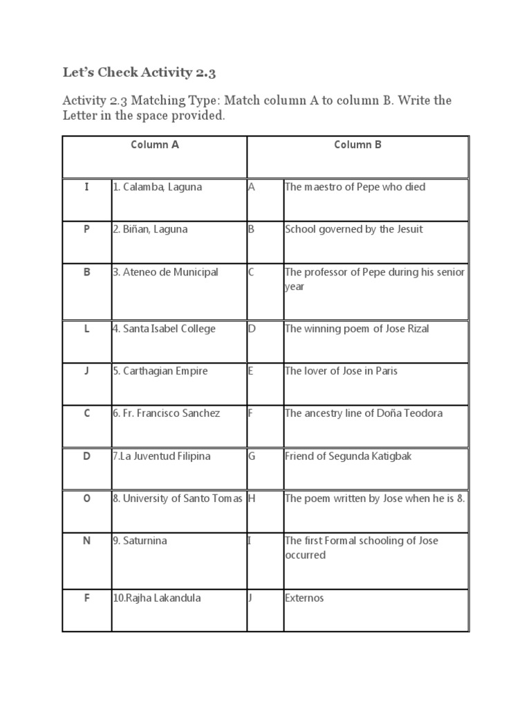 Activity 2.3 Matching Type: Match Column A To Column B. Write The ...