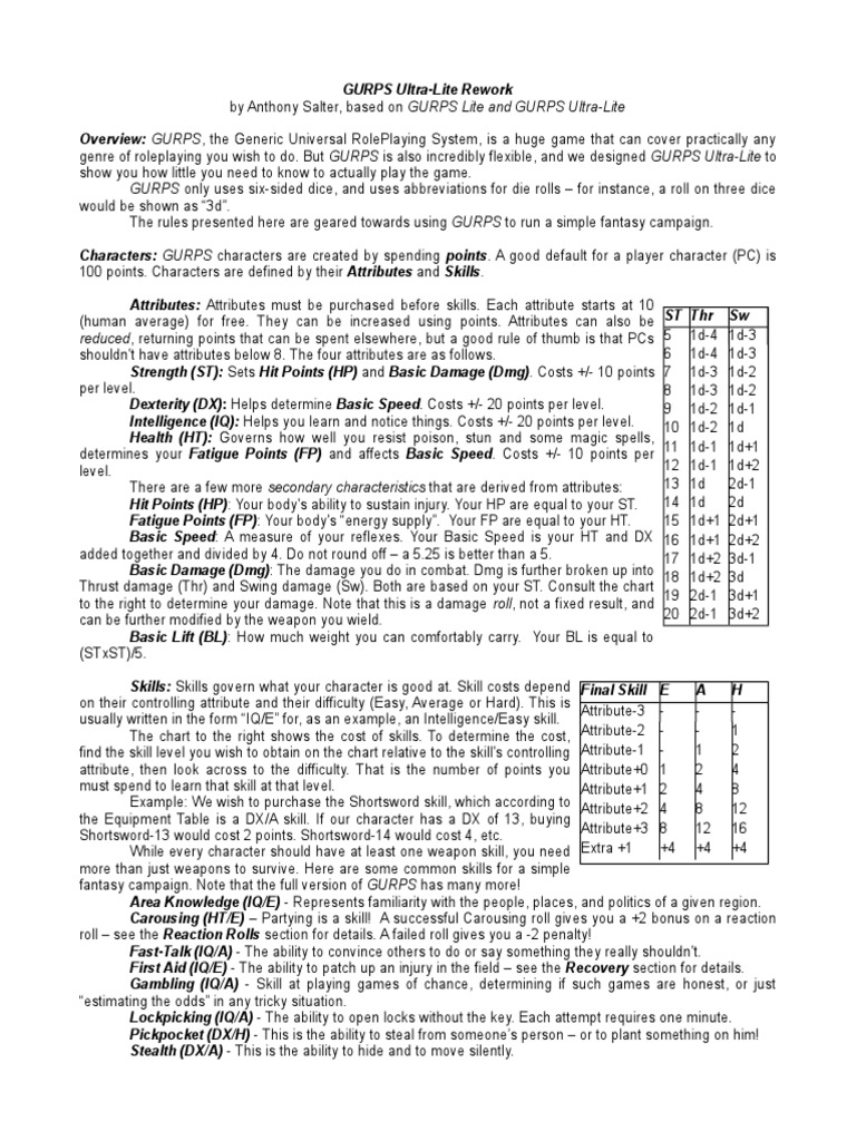 GURPS Ultra-Lite Rework | Download Free PDF | Leisure