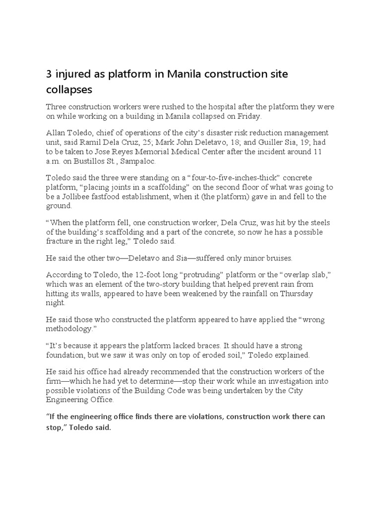 Three construction workers injured as platform collapses at Manila ...