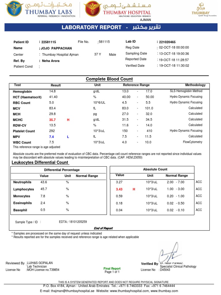 Complete Blood Count: Test Reference Range Unit Methodology | PDF ...