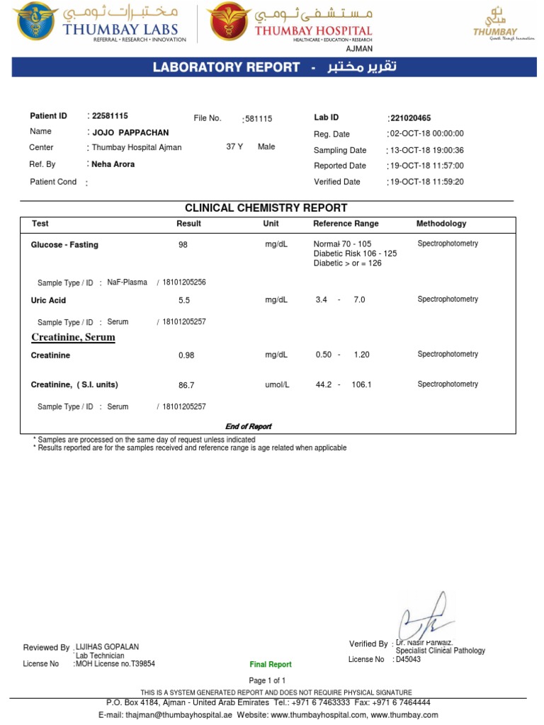 Clinical Chemistry Report: Creatinine, Serum | PDF | Creatinine ...