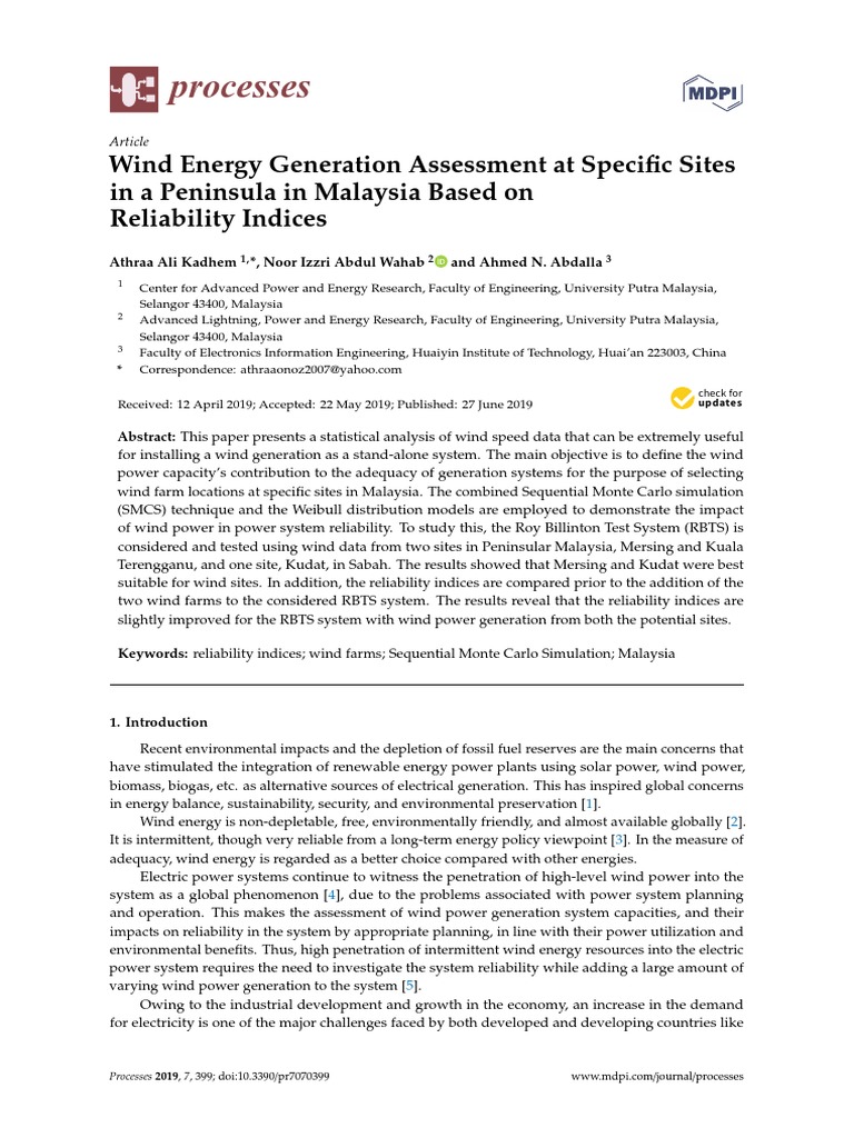 Processes: Wind Energy Generation Assessment at Specific Sites in A ...