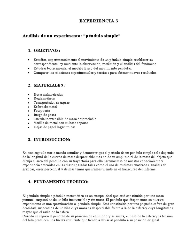 Exp. 3 Lab. Fis. I Pendulo Simple | PDF | Péndulo | Masa