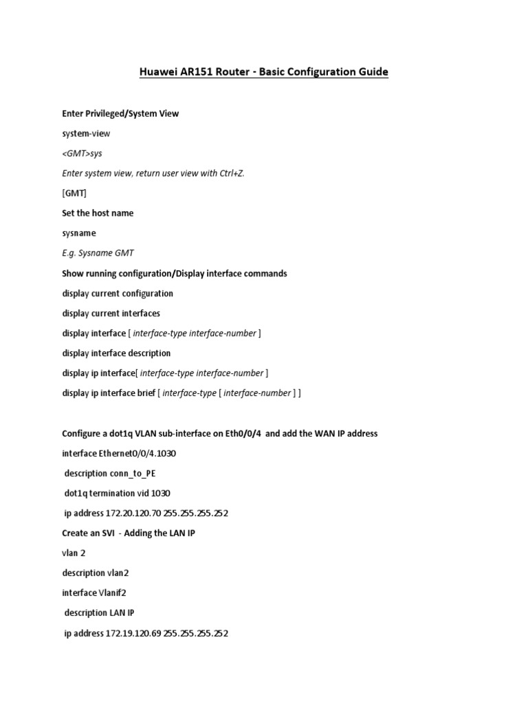 Huawei AR151 Router - Basic Configuration Guide: Enter Privileged/System View | PDF