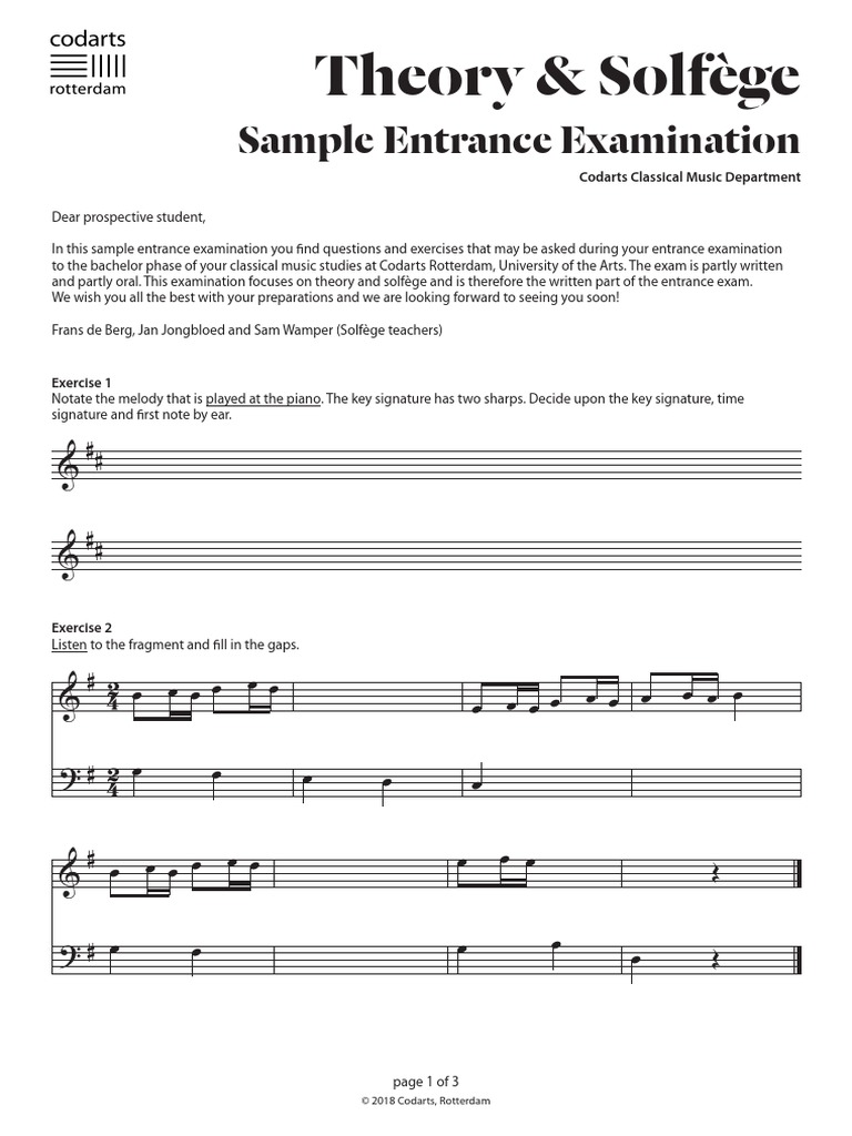Theory & Solfège: Sample Entrance Examination | PDF | Minor Scale ...
