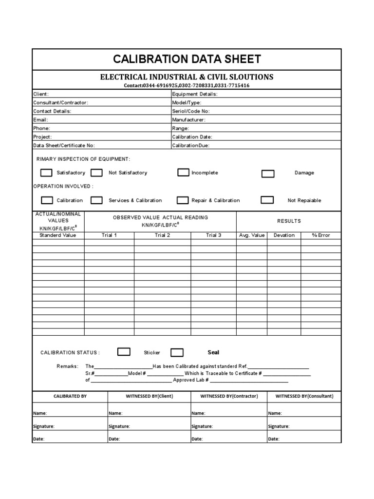 Calibration Data Sheet Electrical Industrial And Civil Sloutions Pdf