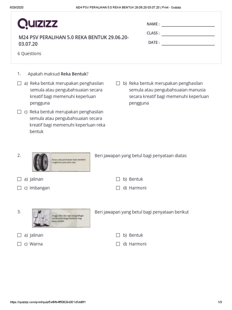 M24 PSV PERALIHAN 5.0 REKA BENTUK 29.06.20-03.07.20 - Print - Quizizz | PDF