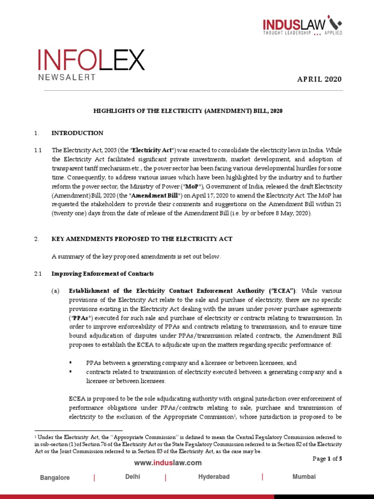 Highlights of The Electricity (Amendment) Bill, 2020: APRIL 2020 | PDF ...