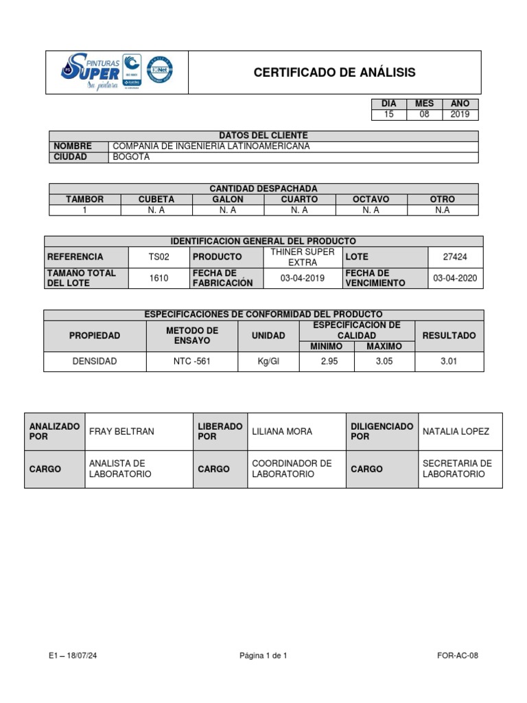 Certificado de Analisis Thinner-Pinturas Super | PDF