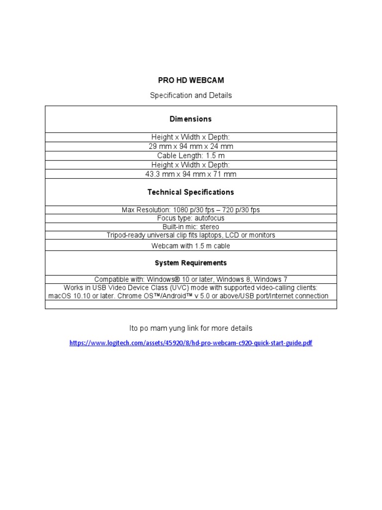 Specification and Details: Pro HD Webcam | PDF