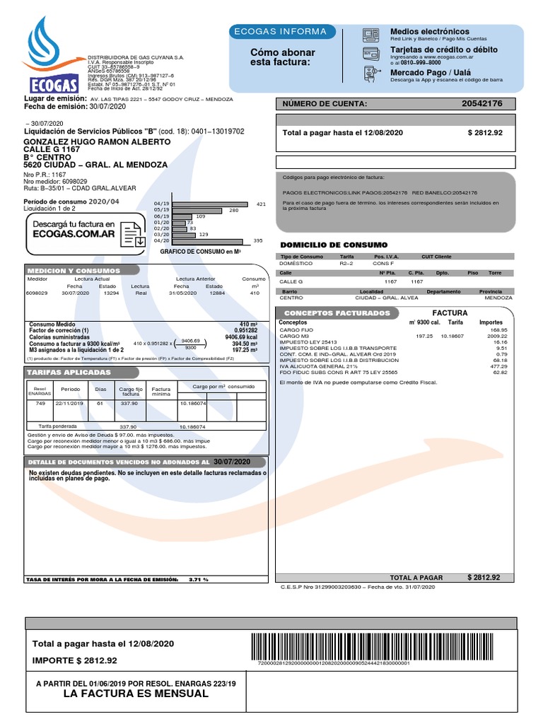 Factura Debito ECOGAS Nro 13019702 20542176 PDF | PDF | Factura | Dinero