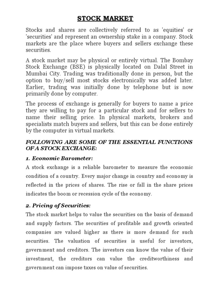 Stock Market: Following Are Some of The Essential Functions of A Stock ...