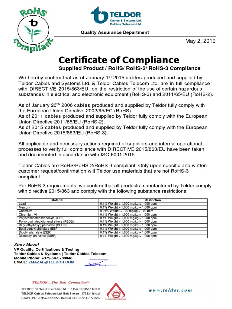 Certificate of Compliance: Supplied Product / Rohs/ Rohs-2/ Rohs-3 ...