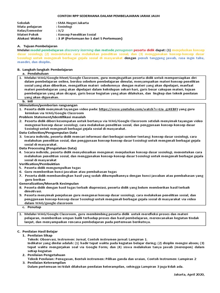 1.c. Contoh RPP Sederhana Dalam PJJ Hasil Reviu | PDF