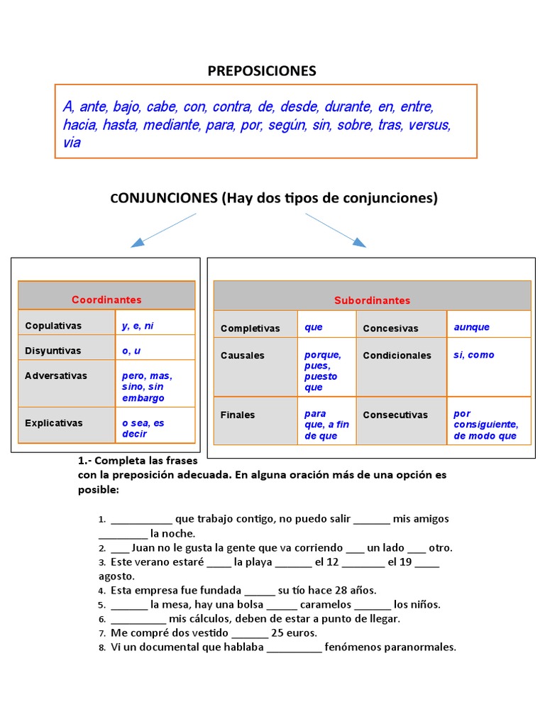 Preposiciones Y Conjunciones Para Primaria Pdf