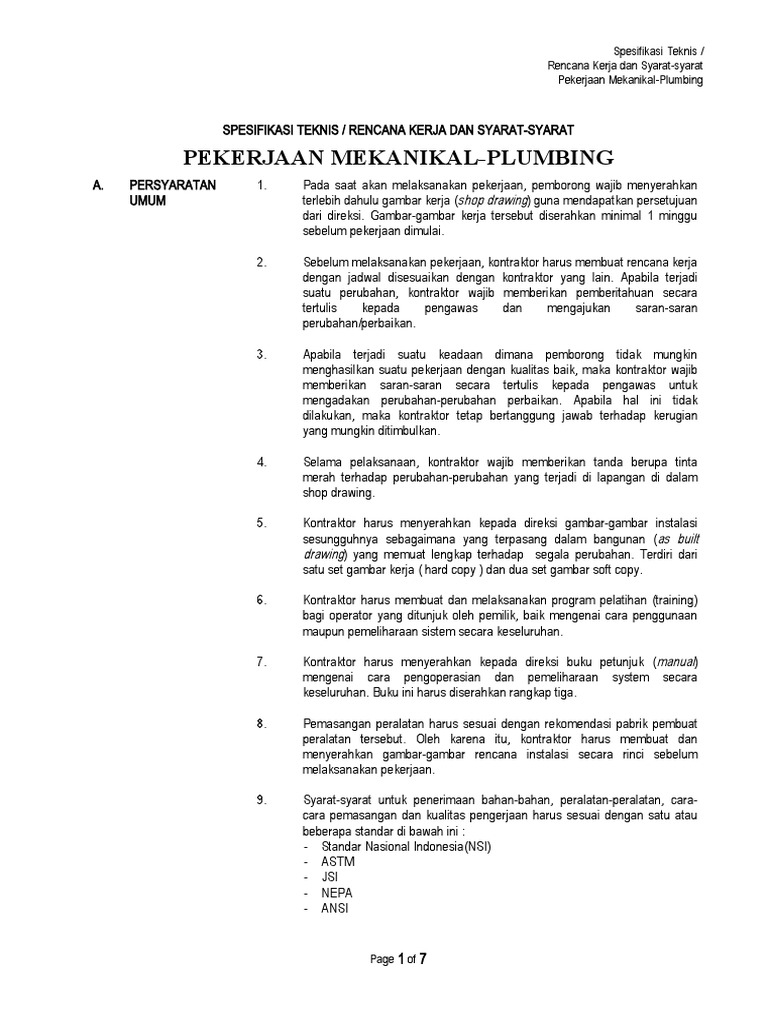 Spesifikasi Mekanikal Plumbing | PDF
