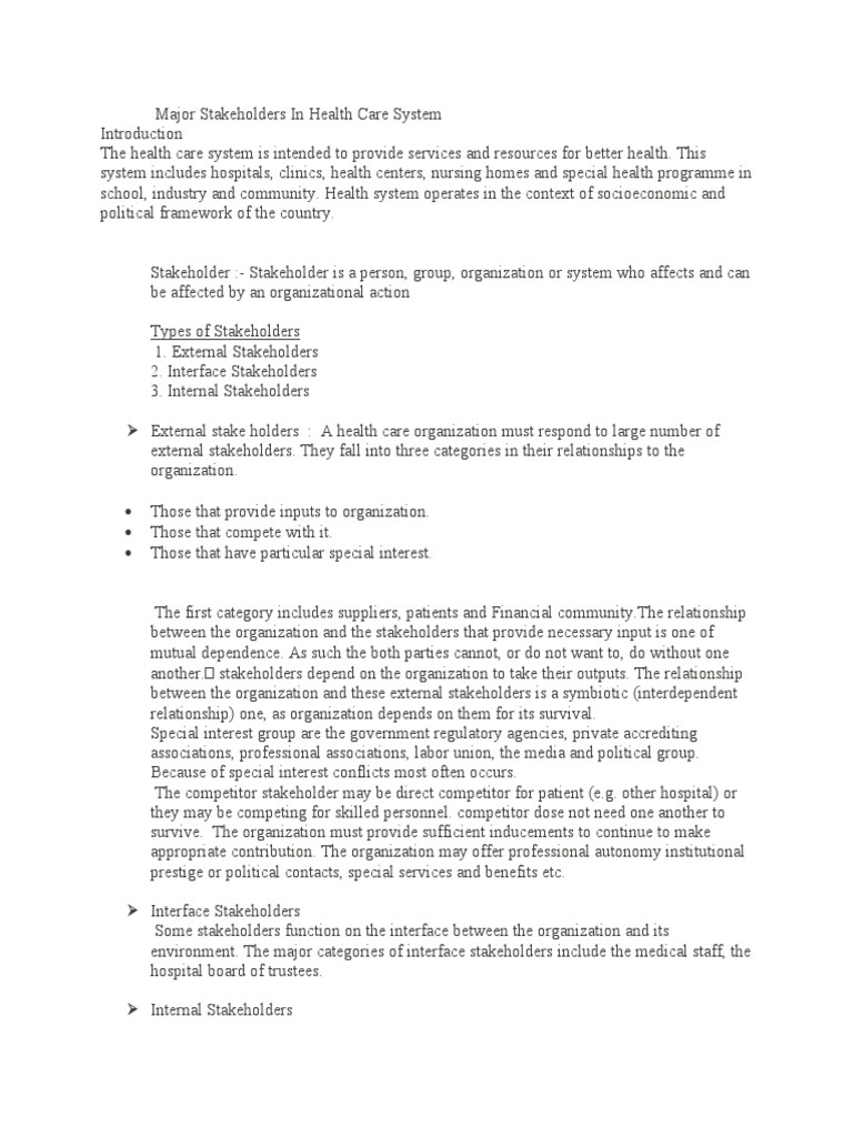 Major Stakeholders in Health Care System | PDF | Health Care | Nursing