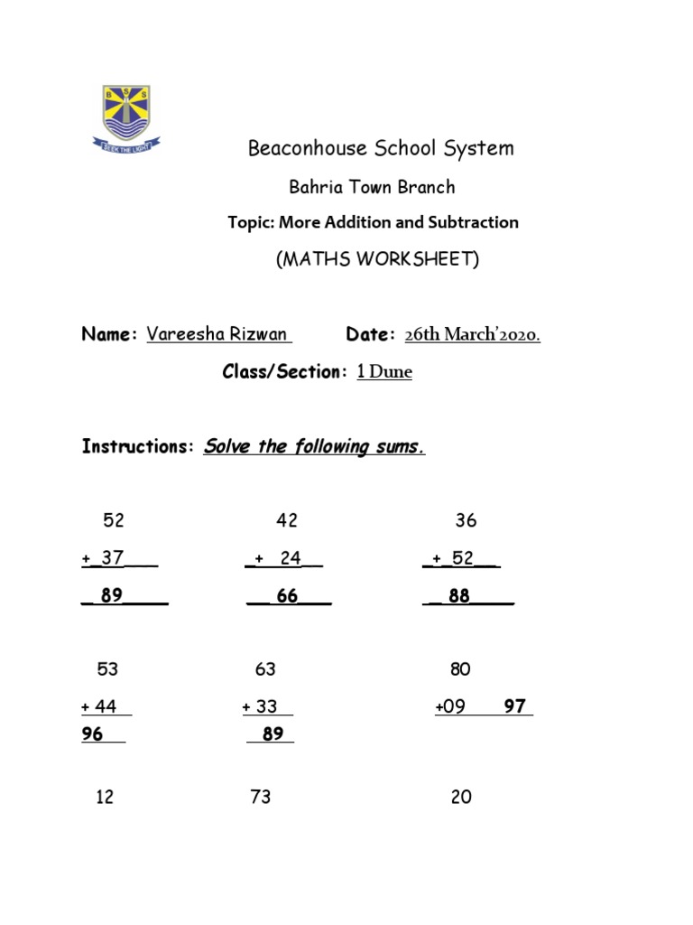 Beaconhouse School System: Bahria Town Branch Topic: More Addition and ...