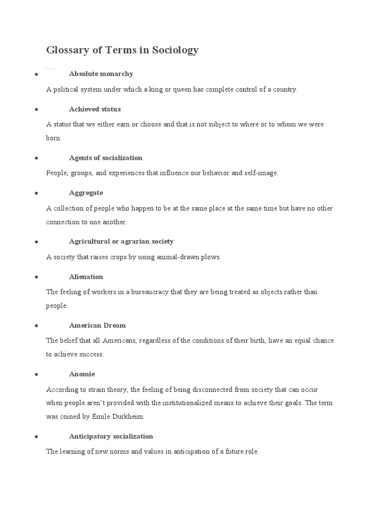 Sociology Terms Glossary | PDF | Deviance (Sociology) | Social ...