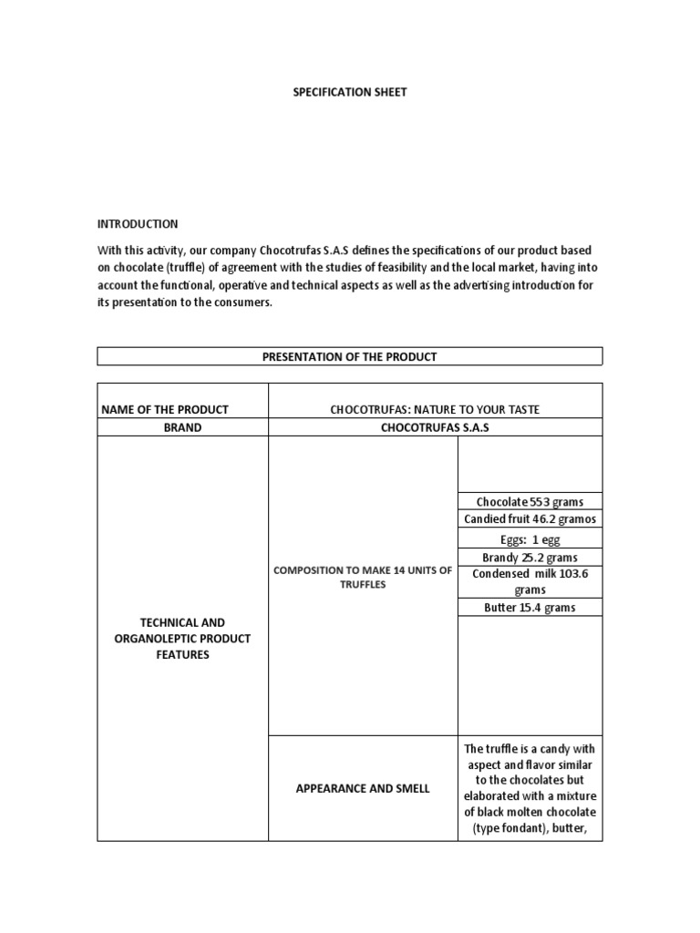Specification Sheet: Composition To Make 14 Units of Truffles | PDF ...