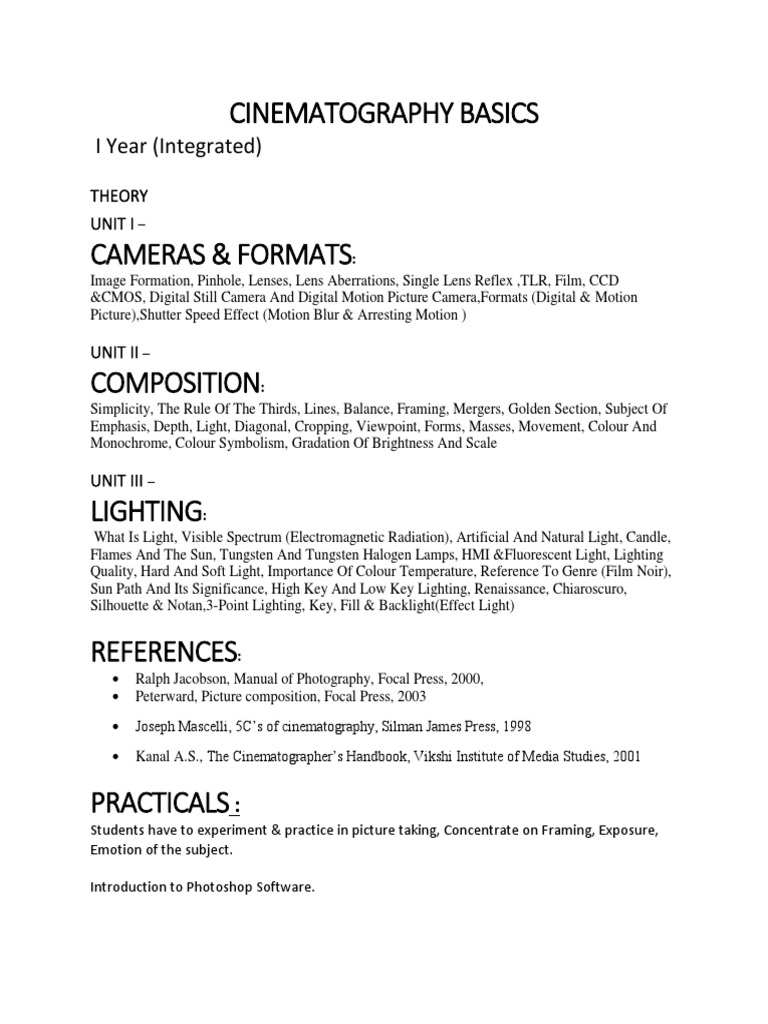 Cinematography Basics: I Year (Integrated) | PDF | Cinematography | Camera