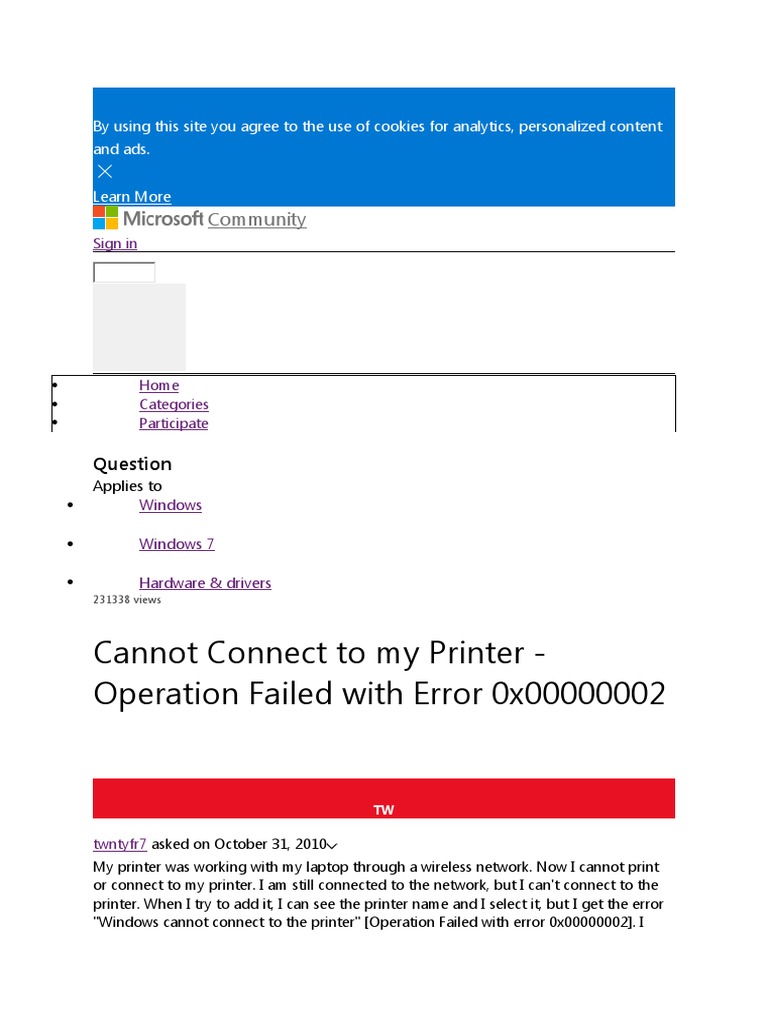 Cannot Connect To My Printer - Operation Failed With Error 0x00000002 | PDF | Windows 7 ...