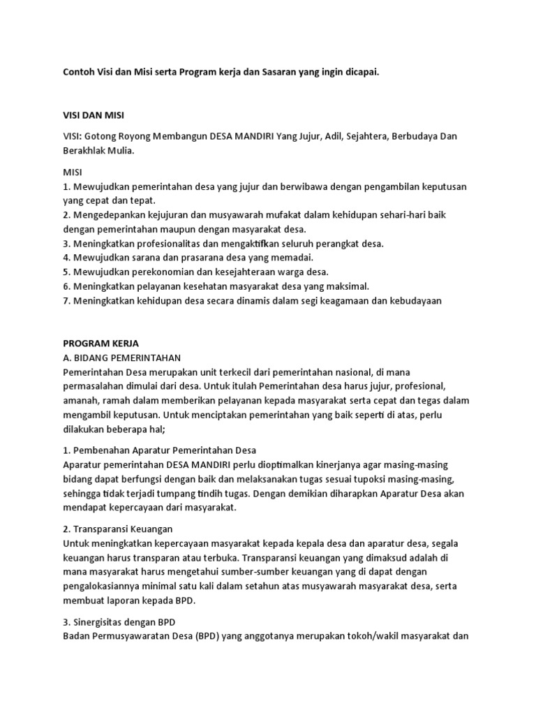 02 Contoh Visi Dan Misi Serta Program Kerja Dan Sasaran Yang Ingin ...