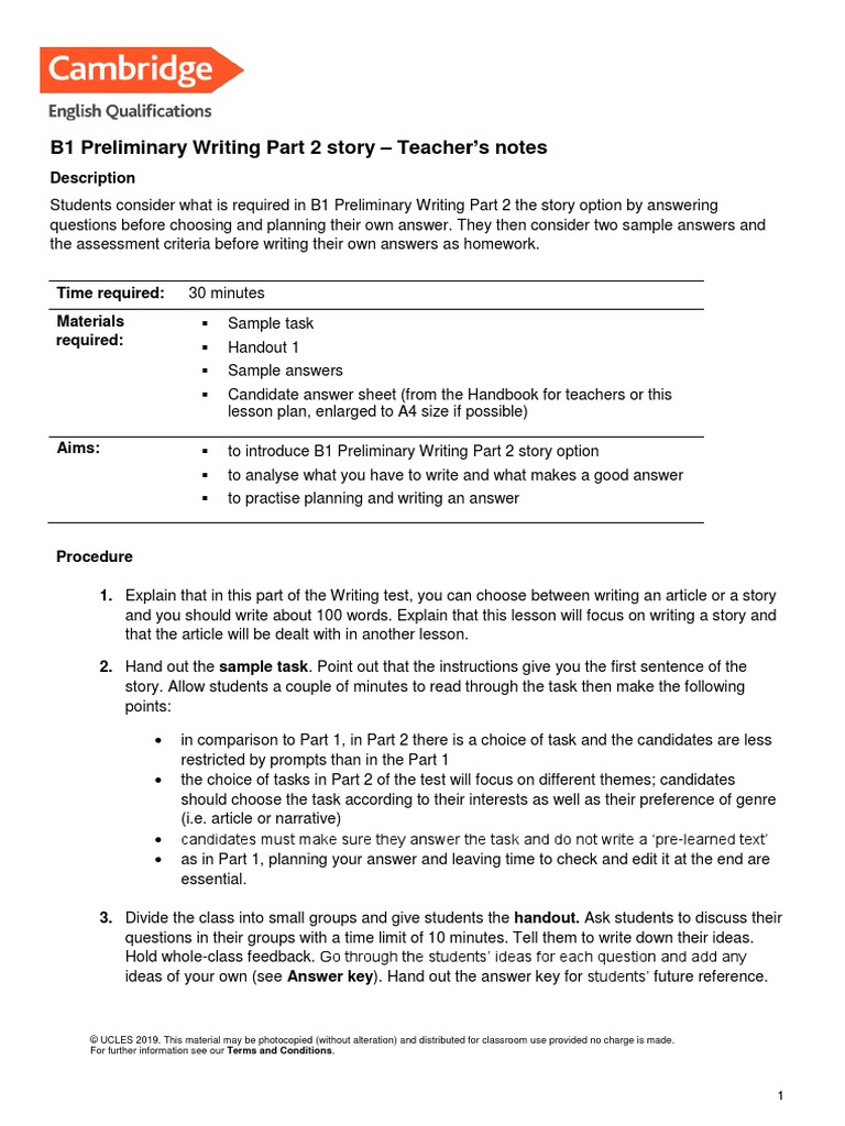 B1 Preliminary Writing Part 2 Story | PDF | Question | Brainstorming