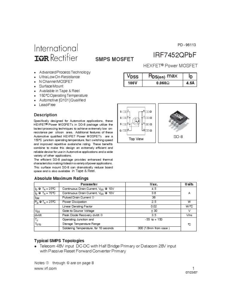 IRF 7452 - Mosfet de Potência | PDF | Field Effect Transistor | Mosfet