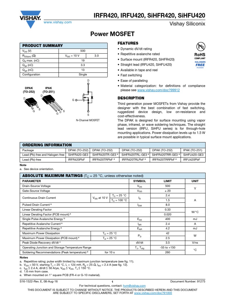 IRFR 420-IRFU 420-SiHFR420-SiHFU420 - Mosfet | Download Free PDF ...