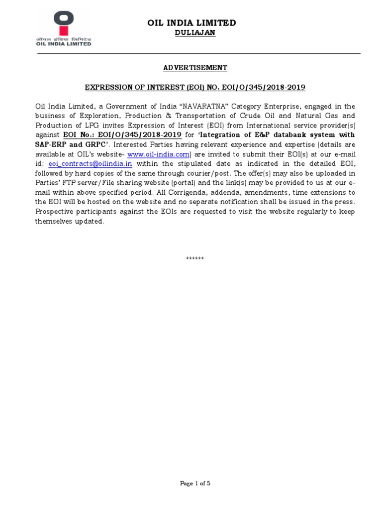 Oil India Limited: Advertisement EXPRESSION OF INTEREST (EOI) NO. EOI/O ...