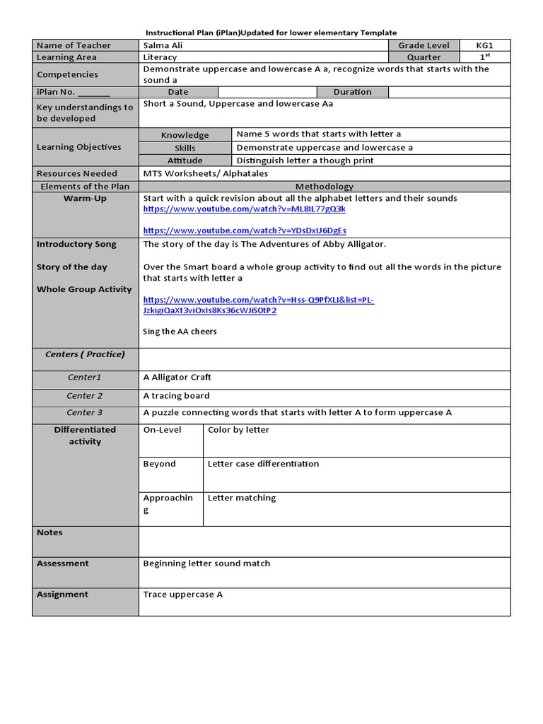 Warm-Up: Instructional Plan (Iplan) Updated For Lower Elementary ...