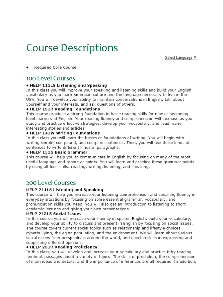 Course Descriptions: 100 Level Courses | PDF | Test Of English As A ...
